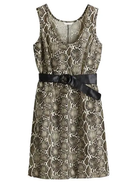H&m Sleeveless Belted Knee-length Dress With Scoop Neck - Light Beige/snakeskin Pattern