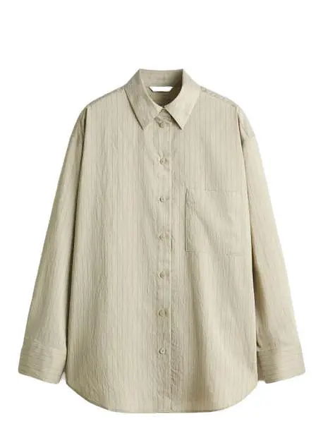 H&m Oversized Shirt With Classic Collar And Button-up Front - Khaki Beige/pinstriped