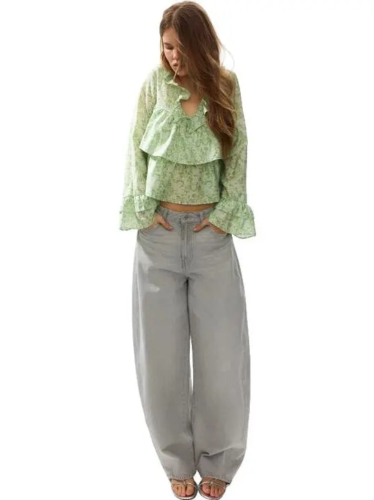 H&m Ruffled Tiered Sheer Blouse With V-neck And Ties - Light Green/floral
