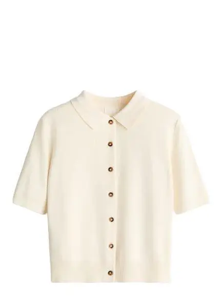H&m Collared Short Sleeve Fine Knit Cardigan - Cream