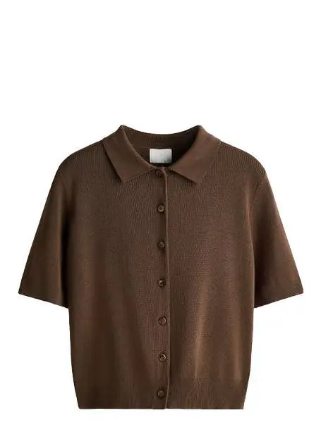 H&m Collared Short Sleeve Fine Knit Cardigan - Dark Brown
