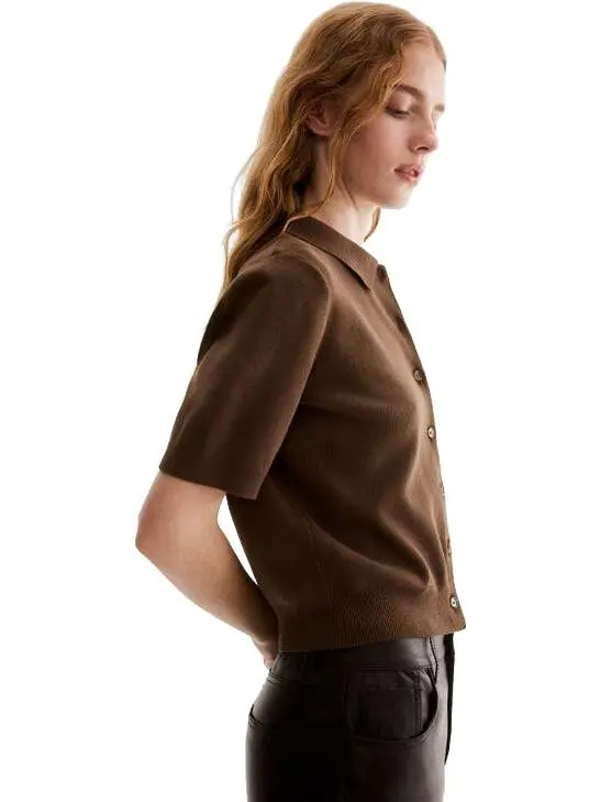 H&m Collared Fine Knit Short Sleeve Cardigan - Dark Brown