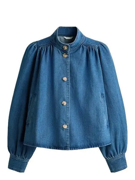 H&m Puff-sleeved Twill Jacket - Denim Blue