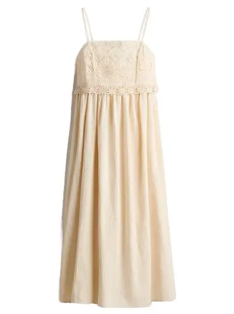H&m Cotton Strappy Midi Dress With Crochet Detail - Light Beige