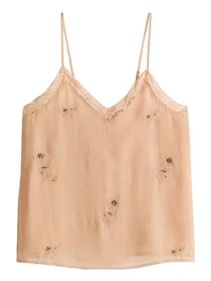 H&m Embroidered Strappy Top With Lace Trim - Beige