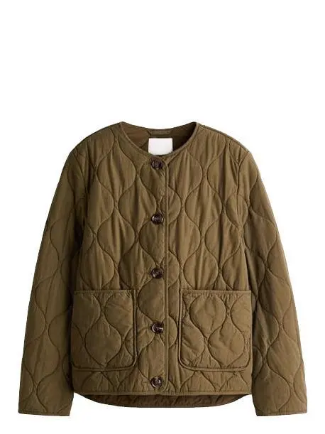 H&m Quilted Cotton Jacket With Button Front - Dark Khaki Green