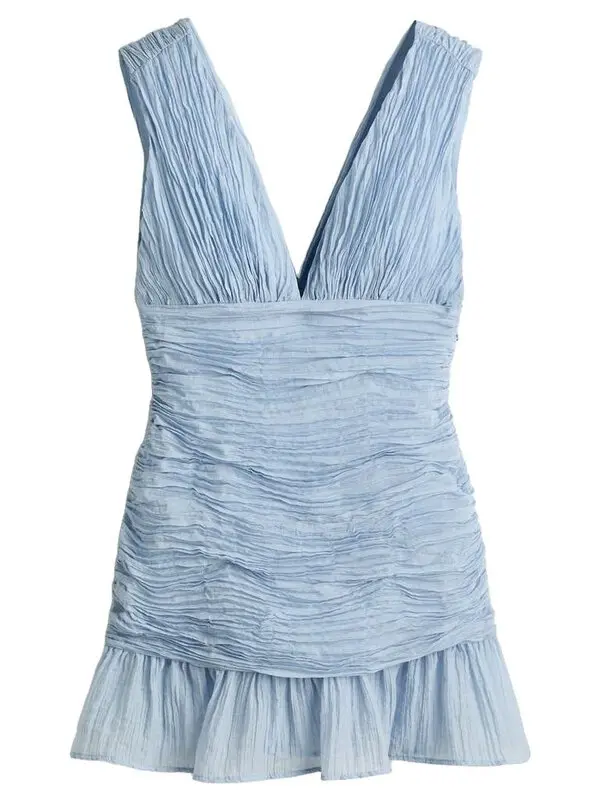 H&m Crinkled Sleeveless V-neck Mini Dress - Light Dusty Blue