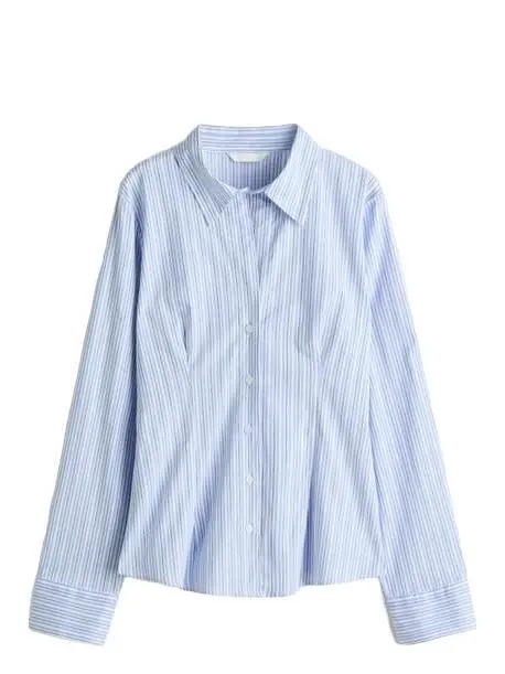 H&m Fitted Shirt With Classic Collar - Light Blue/striped