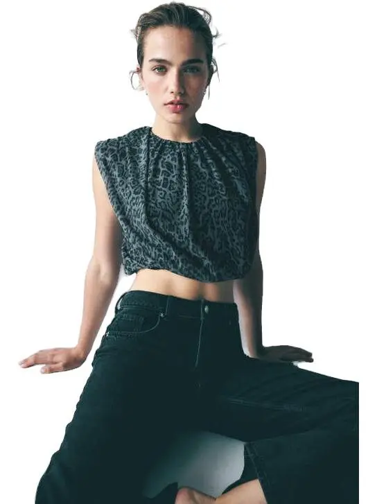 H&m Draped Mesh Sleeveless Top - Black/leopard Print