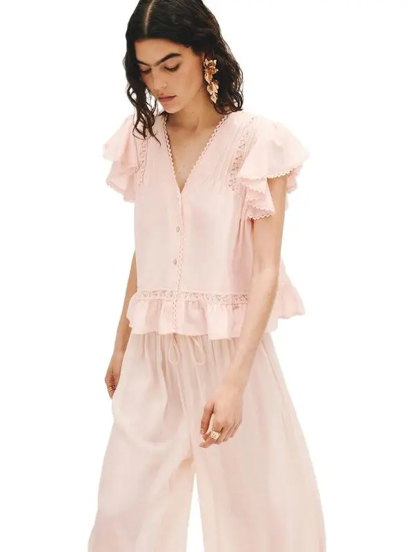 H&m Lace Inset Blouse With Butterfly Sleeves - Light Peach Pink