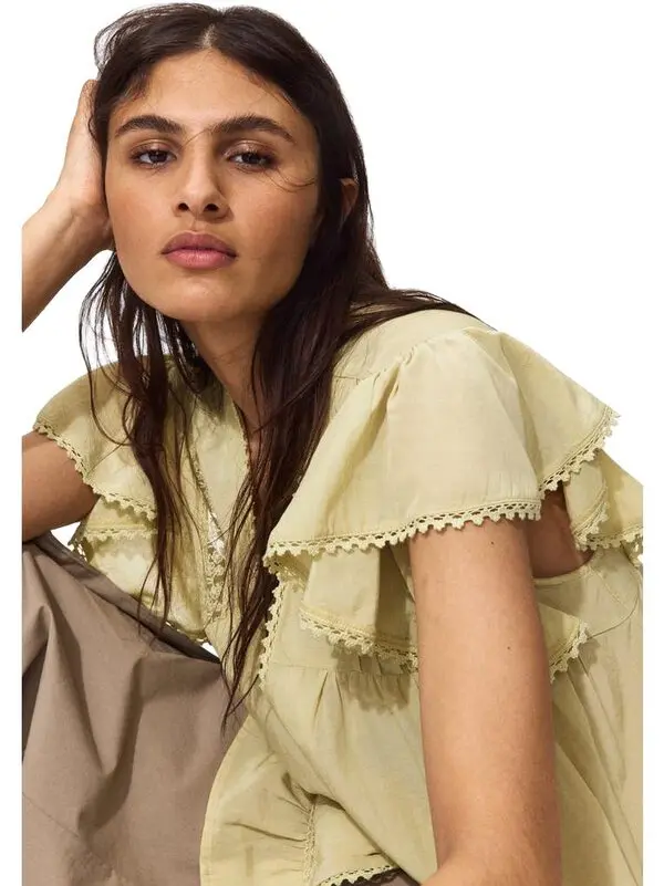 H&m Lace Inset Blouse With Butterfly Sleeves - Yellow