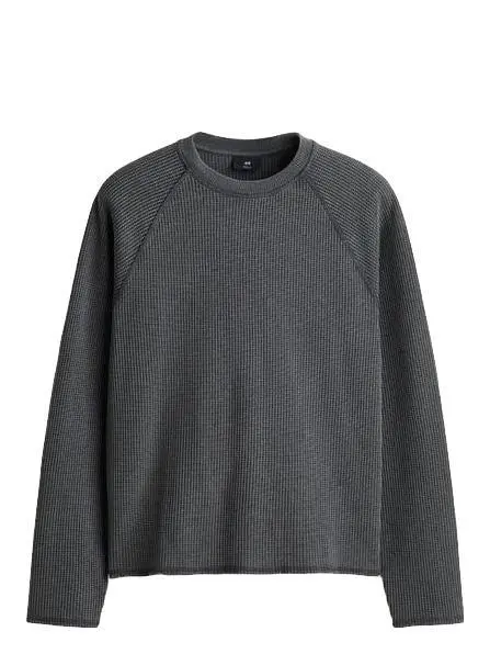 H&m Regular Fit Long-sleeved Waffled Top - Dark Gray