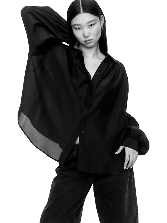 H&m Gathered Oversized Viscose Blend Blouse With Balloon Sleeves - Black