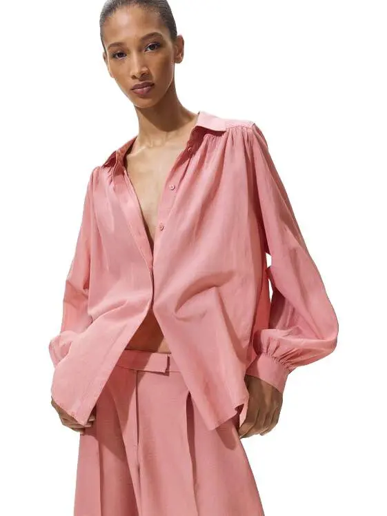 H&m Gathered Oversized Viscose Blend Blouse With Balloon Sleeves - Dusty Pink