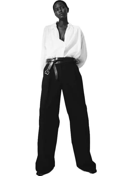 H&m Gathered Oversized Viscose Blend Blouse With Balloon Sleeves - White