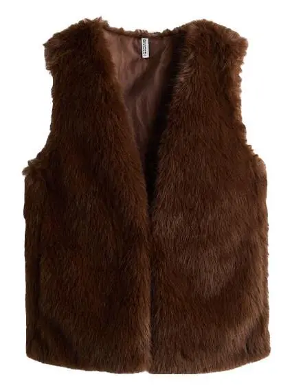 H&m Fluffy V-neck Sleeveless Gilet - Dark Brown
