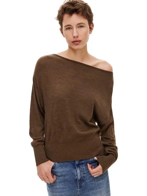 H&m Fine-knit One-shoulder Top With Boat Neckline And Gathered Cuffs - Brown