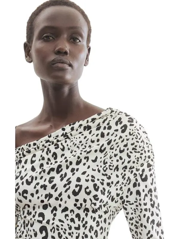 H&m Draped One-shoulder Long Sleeve Top - White/leopard Print