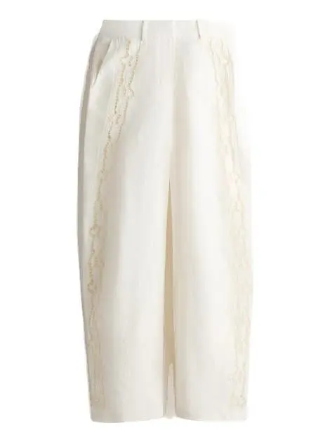H&m Linen-blend Barrel Leg Trousers With Lace Insets - Ivory