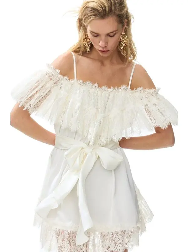 H&m Lace-trimmed Satin Dress - Ivory