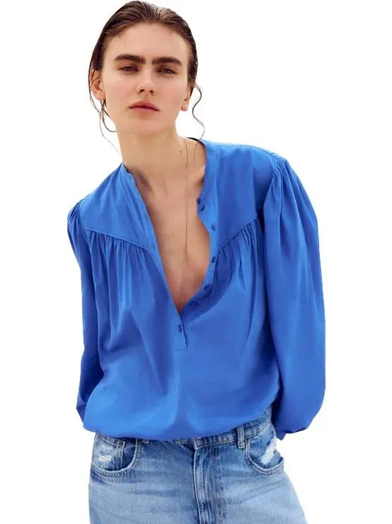 H&m Oversized Blouse With Band Collar And Balloon Sleeves - Blue