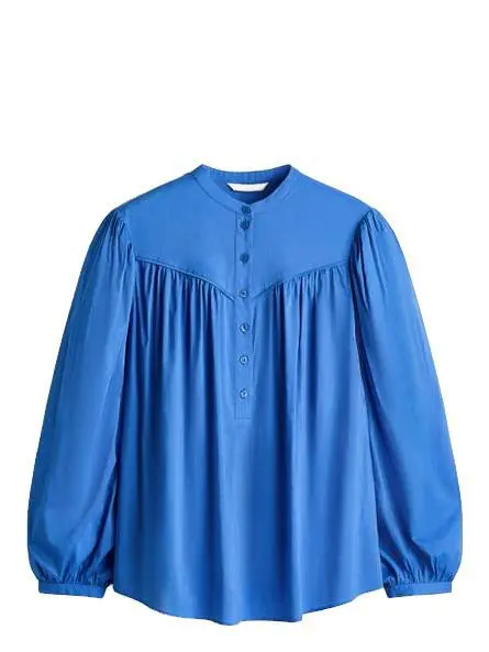 H&m Oversized Blouse With Band Collar And Balloon Sleeves - Blue