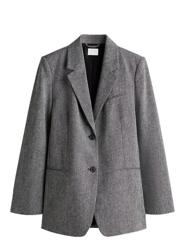 H&m Long Single-breasted Woven Blazer - Gray Melange