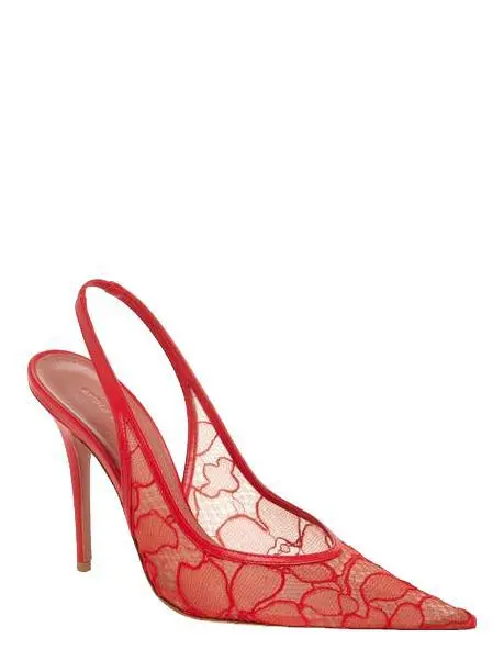 Amina Muaddi Lace Pointed Toe Slingback Pumps - Red