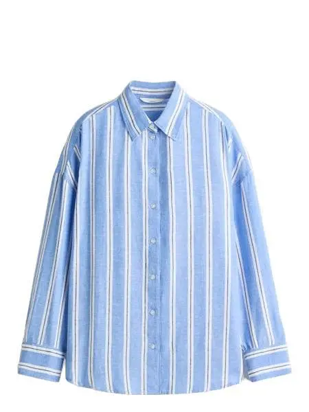 H&m Oversized Linen-blend Shirt - Blue/striped