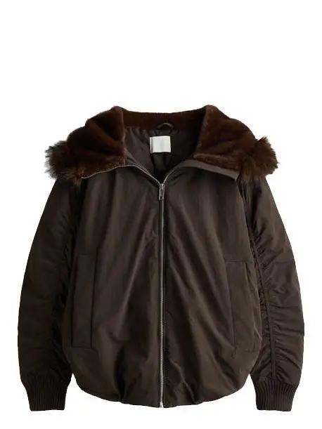 H&m Padded Jacket With Hood And Fur Trim - Dark Brown