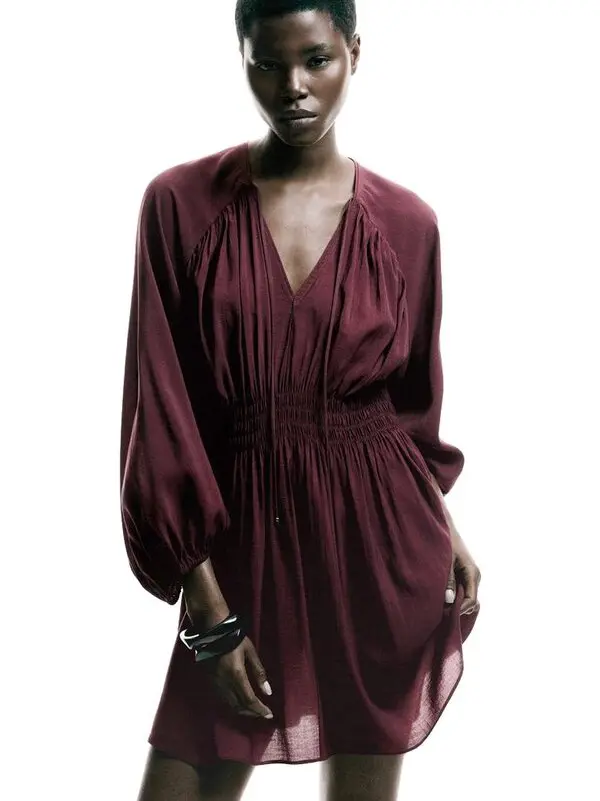 H&m Oversized Tunic Dress In Viscose Blend With Balloon Sleeves - Dark Red