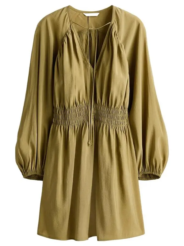 H&m Oversized Tunic Dress With Balloon Sleeves - Khaki Green