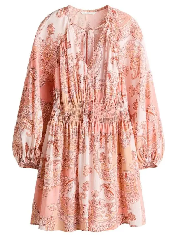 H&m Oversized Tunic Dress With Balloon Sleeves - Light Pink/paisley