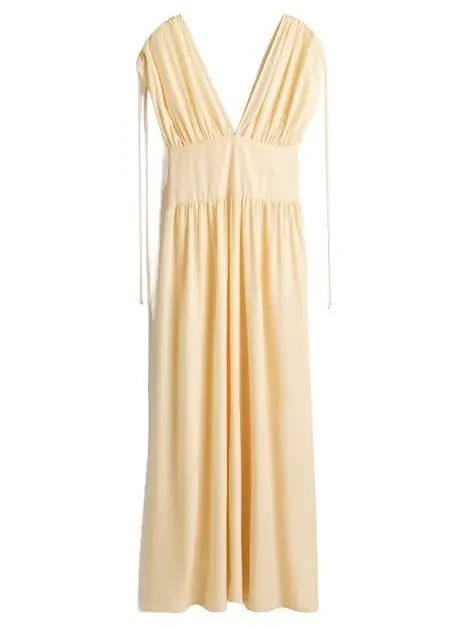 H&m Long V-neck Sleeveless Draped Drawstring Dress - Yellow