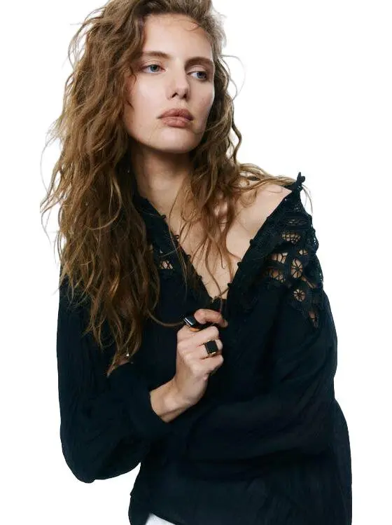H&m Lace-yoke Crinkled Blouse - Black