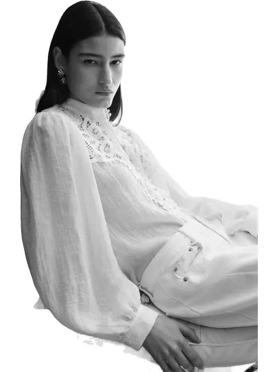 H&m Lace-yoke Crinkled Blouse - Cream