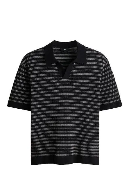 H&m Regular Fit Linen-blend Polo Shirt - Black/striped