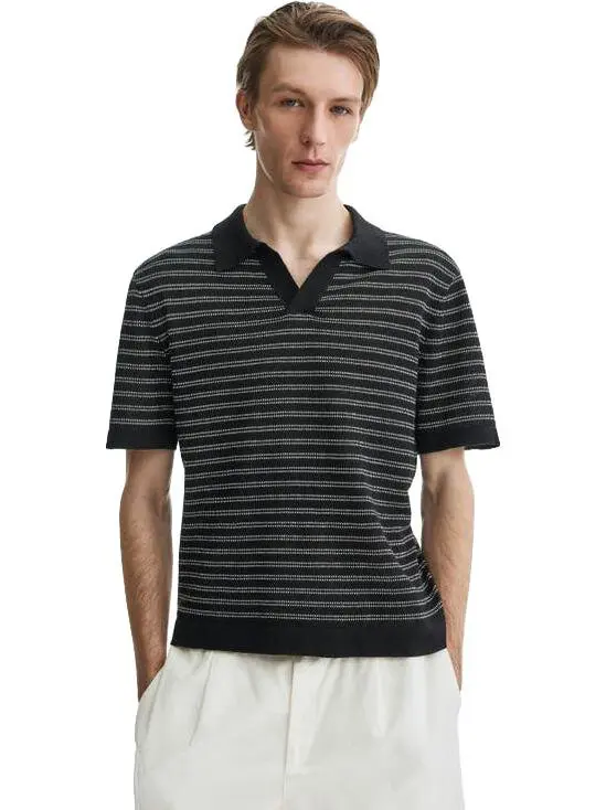 H&m Regular Fit Linen-blend Polo Shirt - Black/striped