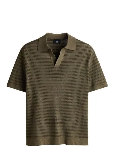 H&m Regular Fit Linen-blend Polo Shirt - Dark Khaki Green/striped