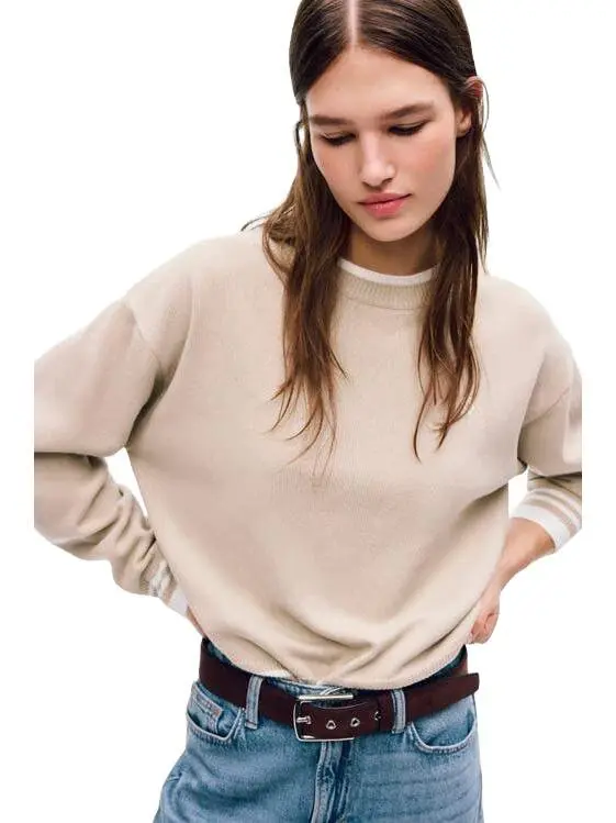 H&m Layered-look Fine Knit Jumper With Embroidered Motif And Ribbed Cuffs - Beige