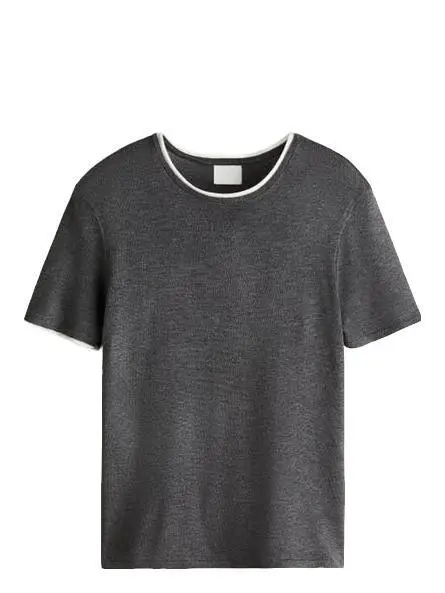 H&m Fine-knit Top With Contrast Piping - Dark Gray