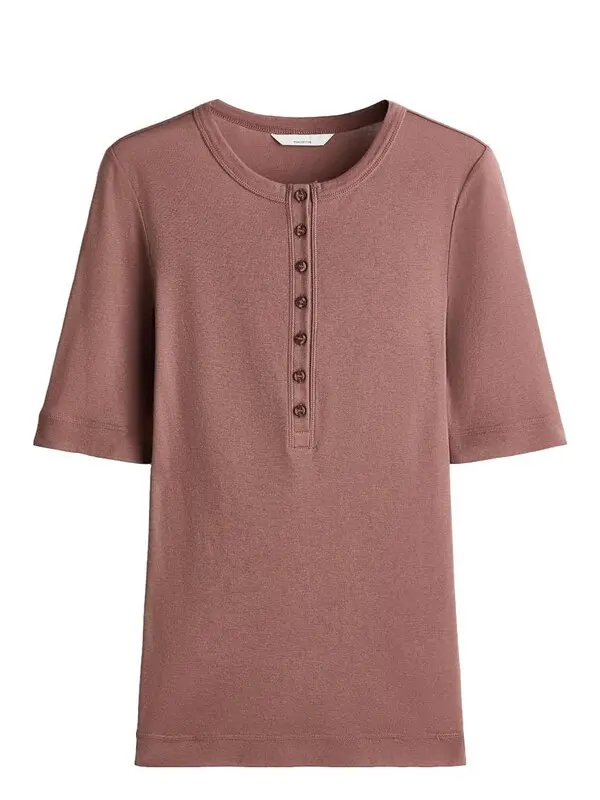 H&m Pima Cotton Sheer Jersey Top With Button Placket - Dark Dusty Pink