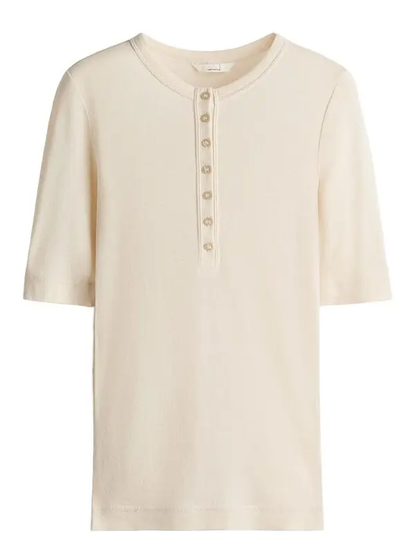 H&m Pima Cotton Sheer Jersey Top With Button Placket - Light Beige