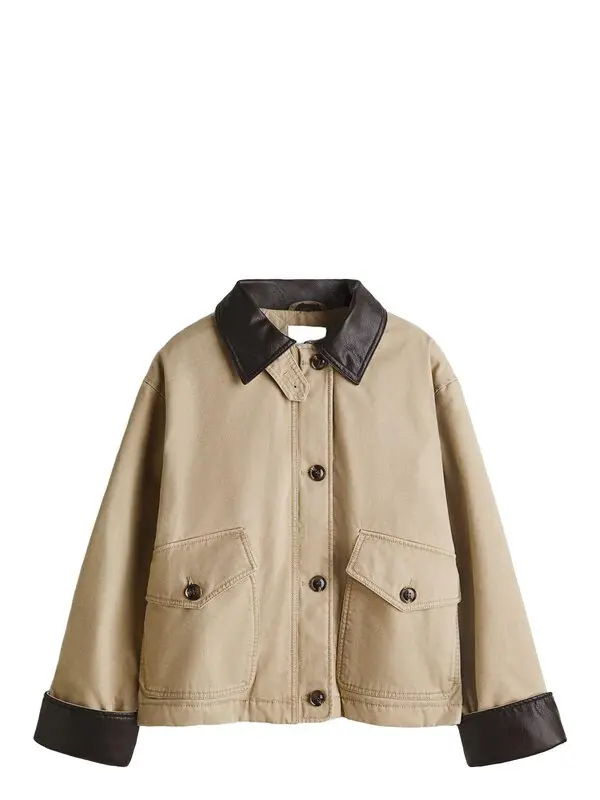 H&m Padded Canvas Jacket With Coated Fabric Accents - Beige