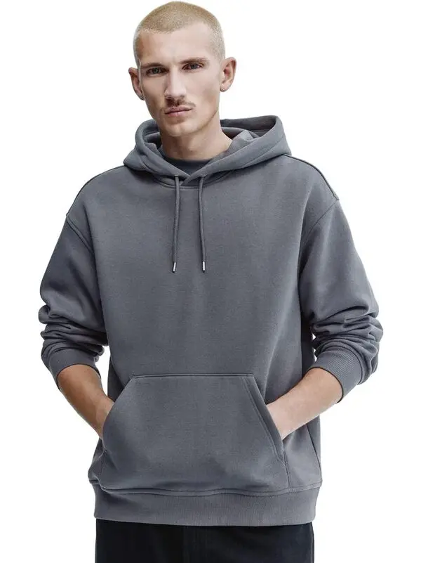 H&M Relaxed Fit Cotton Blend Hoodie With Drawstring Hood - Dark Gray