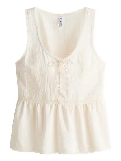H&m Sleeveless Lace-up Peplum Top With Embroidered Motifs - Cream