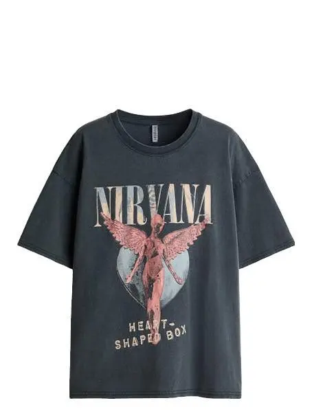 H&m Oversized Graphic Print T-shirt - Dark Gray/nirvana
