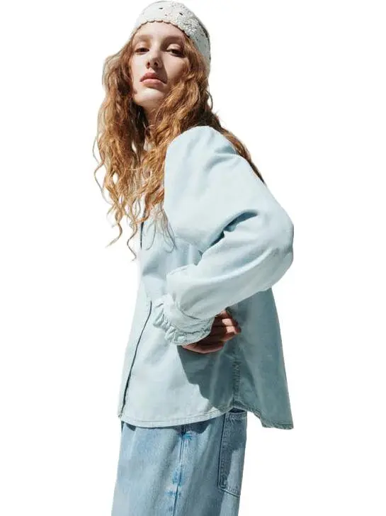 H&m Ruffle-trimmed Denim Blouse - Pale Denim Blue
