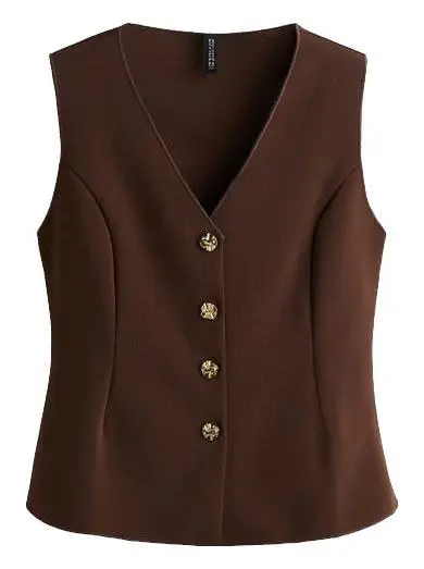 H&m Tailored Jersey Waistcoat With Hammered Metal Buttons - Dark Brown