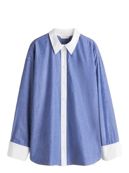 H&m Oversized Poplin Shirt With Classic Collar - Blue/white Striped